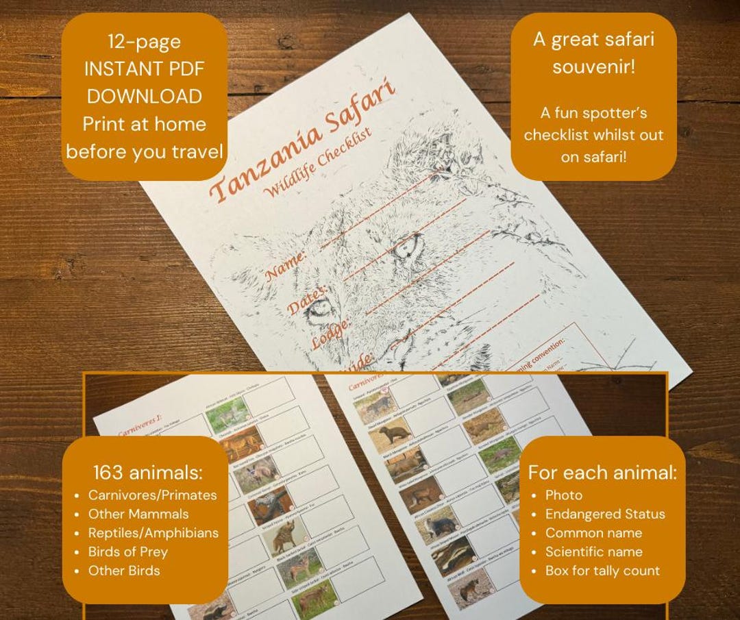 Tanzania Safari Wildlife Checklist: Animals, Reptiles & Birds (digital ...