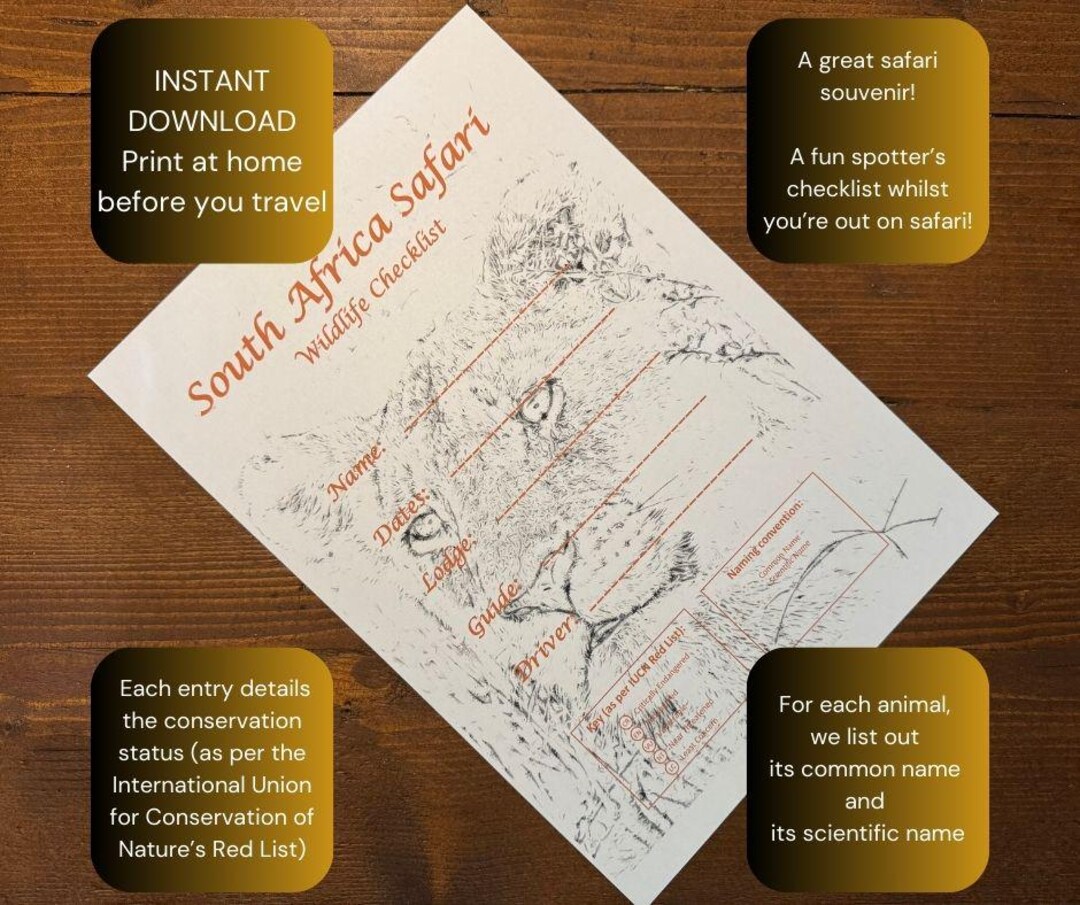 Printable South Africa Safari Wildlife Checklist - Animals, Reptiles ...