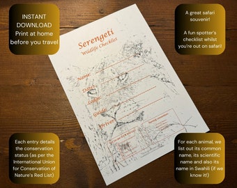 Printable Serengeti Wildlife Safari Checklist: Animals, Birds ...