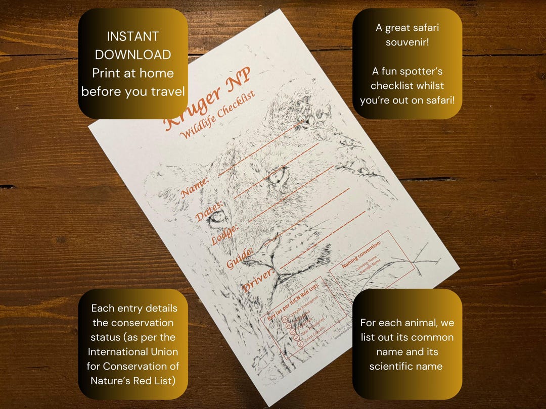 Kruger National Park Safari Checklist: Wildlife Spotter Sheet (digital ...