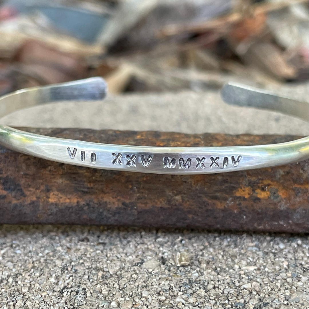 Rustic Sterling Silver Anniversary Cuff, Custom Roman Numeral Date - Etsy
