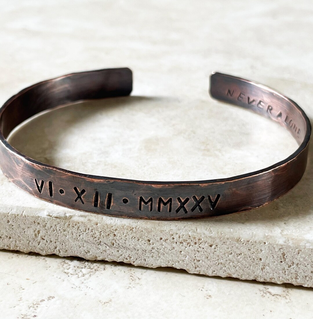 Hand Forged Copper Date Bracelet: Roman Numeral 7th or 22nd Anniversary ...
