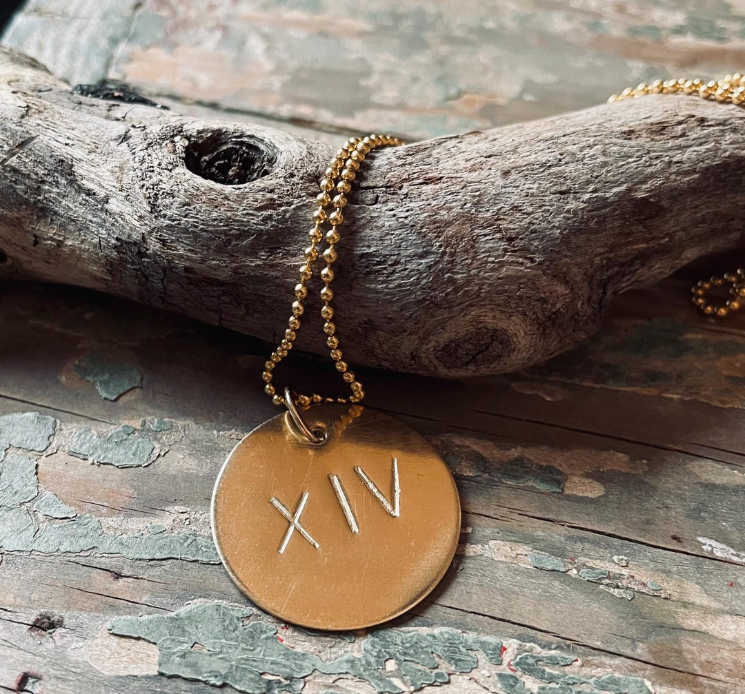 Gold Medallion XIV, Gold Disc Roman Numeral Necklace, Gold Anniversary ...