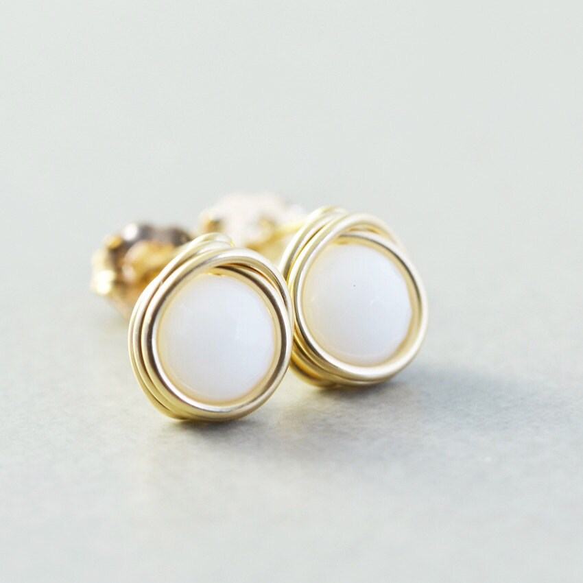 White Onyx Studs, White Post Earrings, Gold, Sterling, Rose Gold Posts ...
