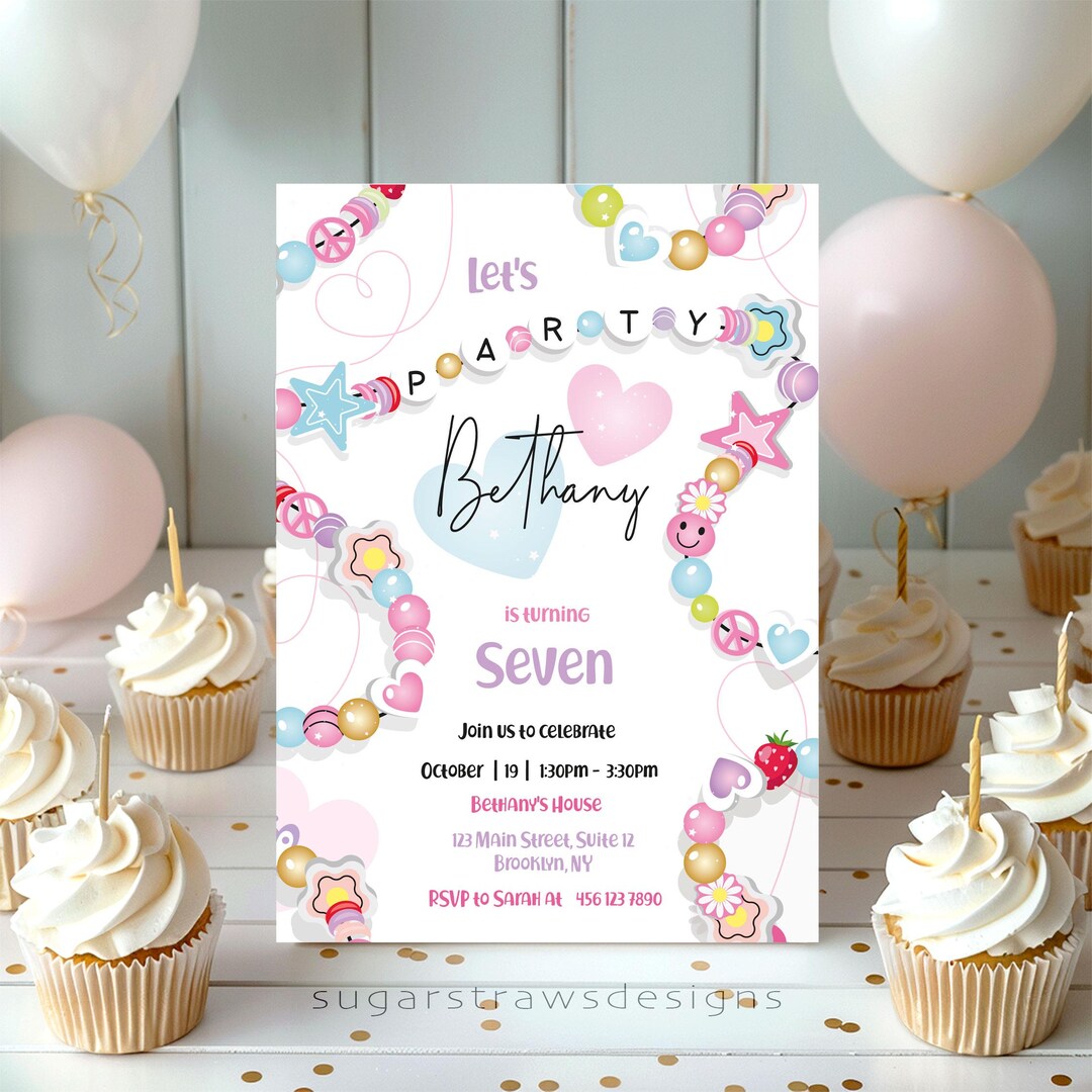 Editable Friendship Bracelet Invitation Girl Birthday Bead Bracelet ...