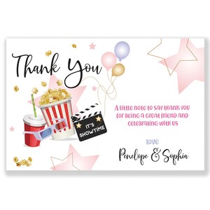 Editable Movie Night Birthday Party Thank You Card Girl Cinema Thank ...