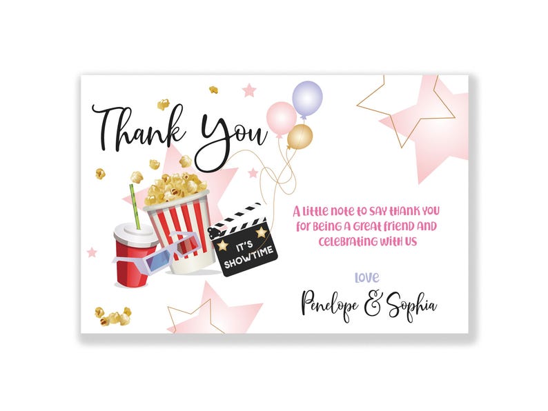 Editable Movie Night Birthday Party Thank You Card Girl Cinema Thank ...