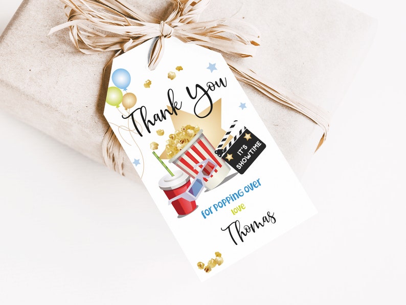 Editable Movie Night Party Thank You Tag Favor Tag Gift Tag Boy Blue ...