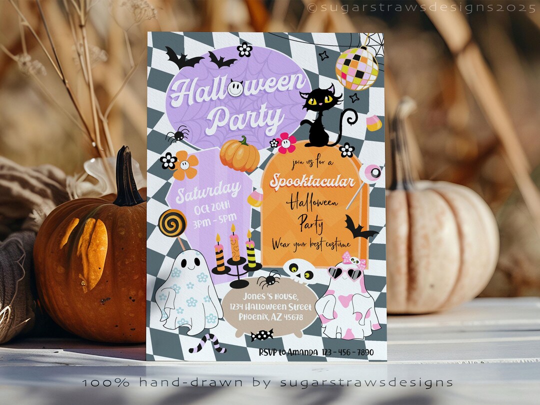 Editable Preppy Halloween Party Invitation Spooktacular Purple Ghost ...