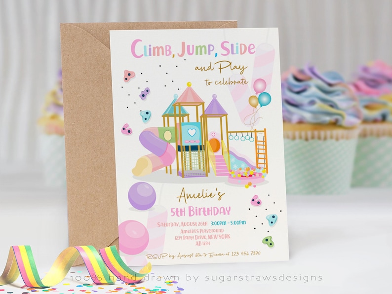 Editable Playground Invitation Girl Birthday Pastel Jungle Gym Party ...