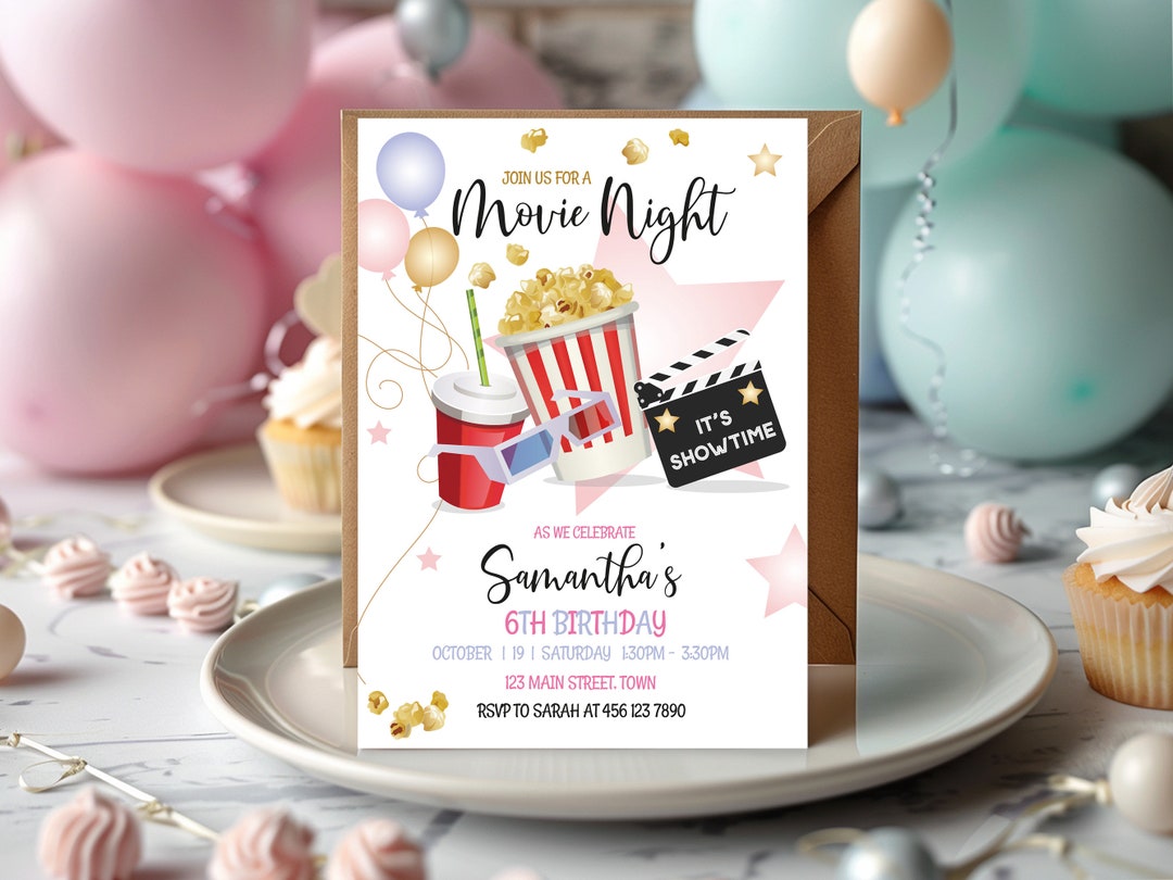 Editable Movie Night Birthday Invitation Girl Pink Cinema Invite ...