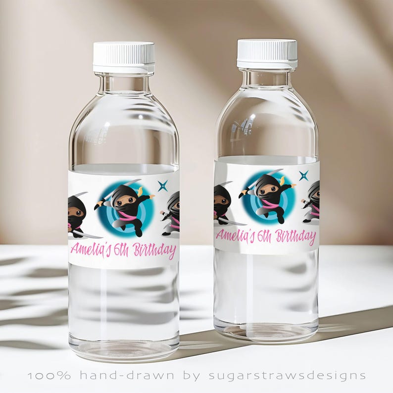 Editable Ninja Water Bottle Label Girl Birthday Party Drink Label Ninja ...