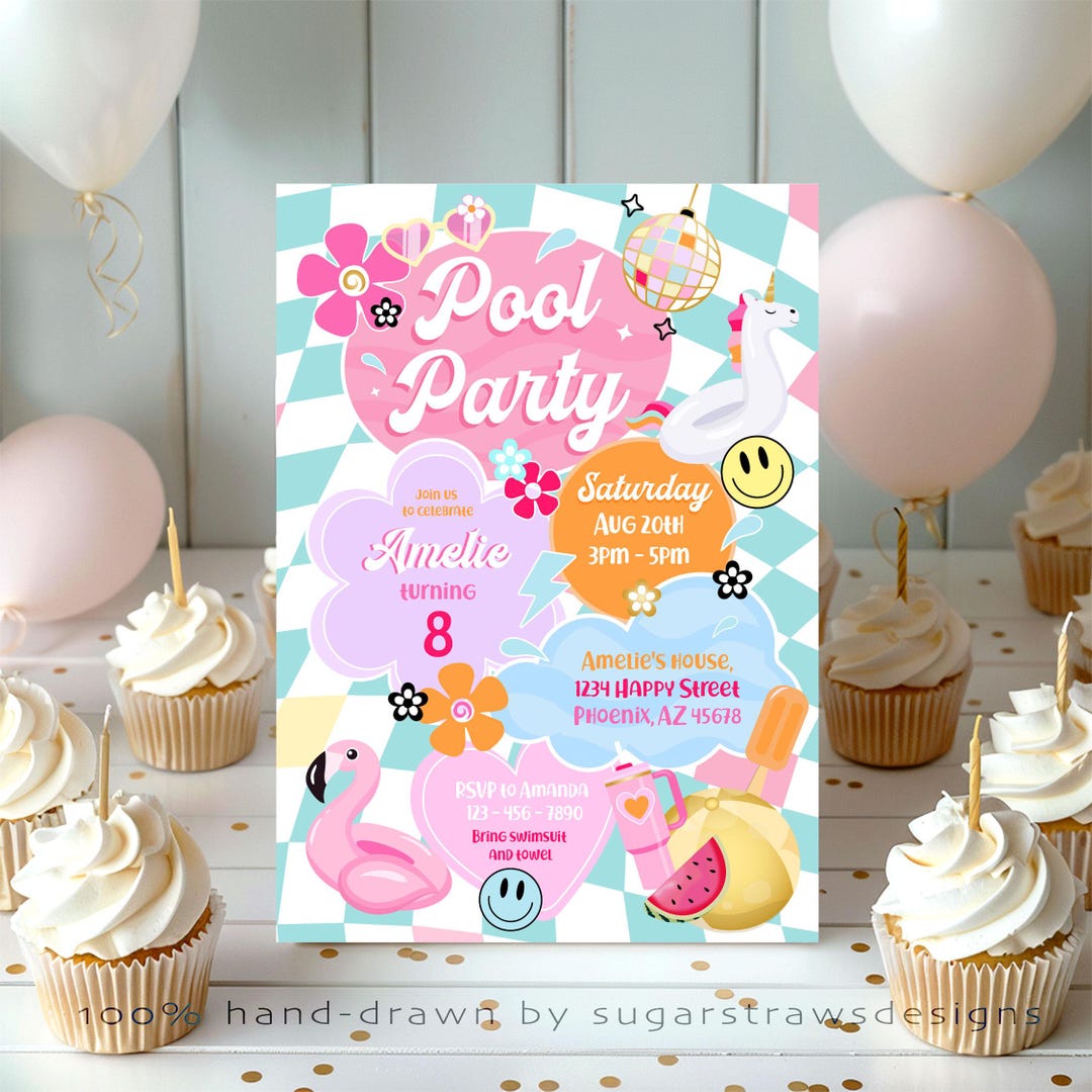 Editable Preppy Pool Party Girl Birthday Invitation Preppy Birthday ...