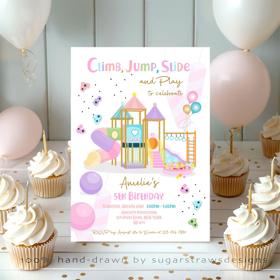 Editable Playground Invitation Girl Birthday Pastel Jungle Gym Party ...