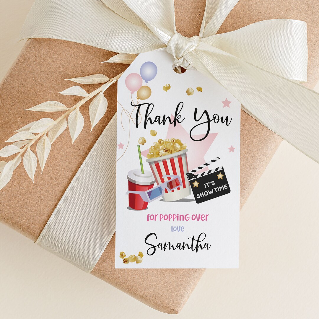 Editable Movie Night Party Thank You Tag Favor Tag Gift Tag Girl Pink ...