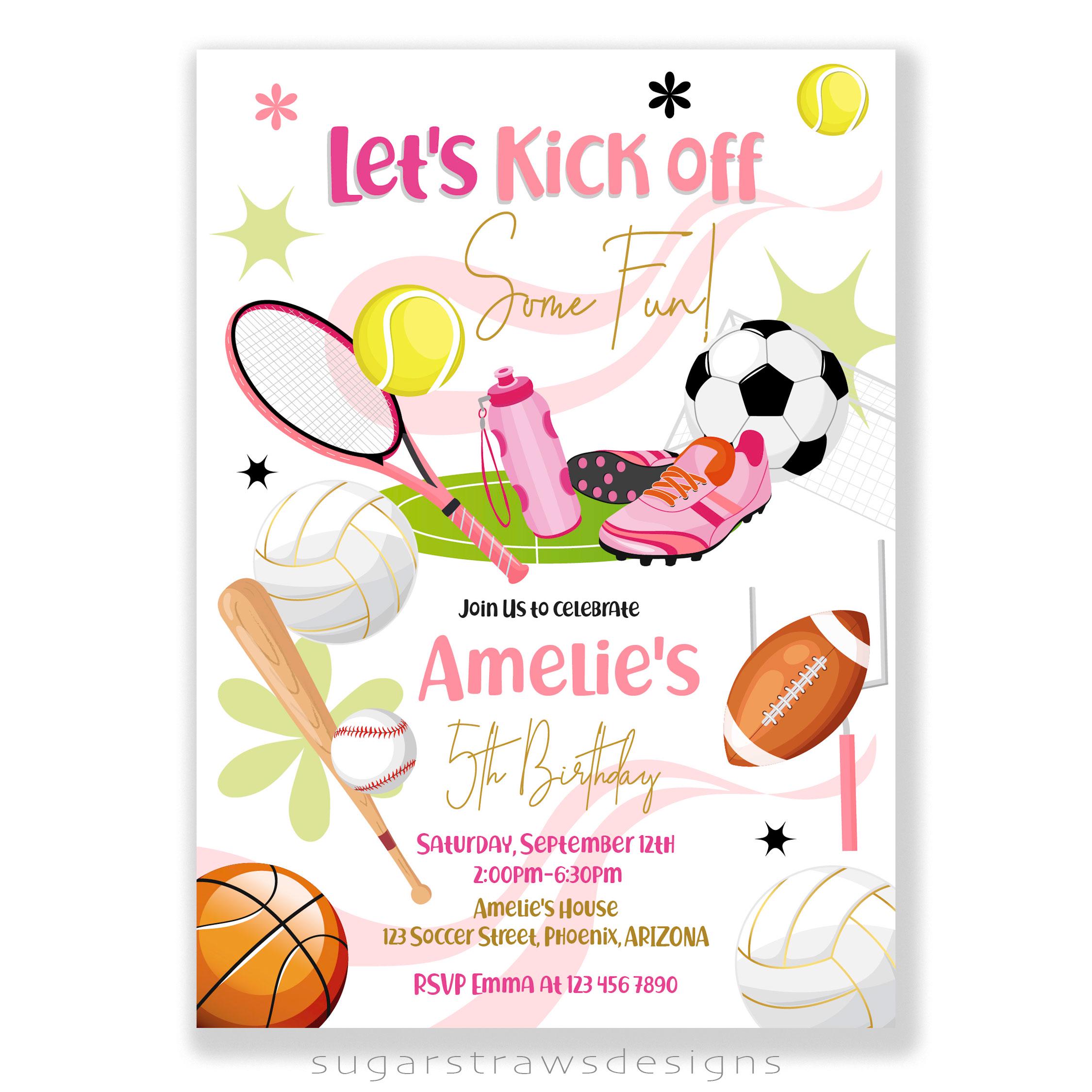 Editable Sports Party Birthday Invitation Girl Invite Multi Sport ...