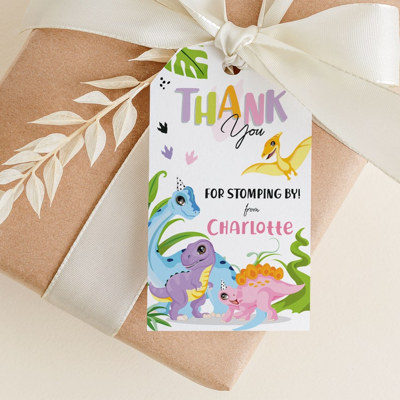 Editable Dino Party Favor Tag Girl Birthday Thank You Gift Tag Pink ...