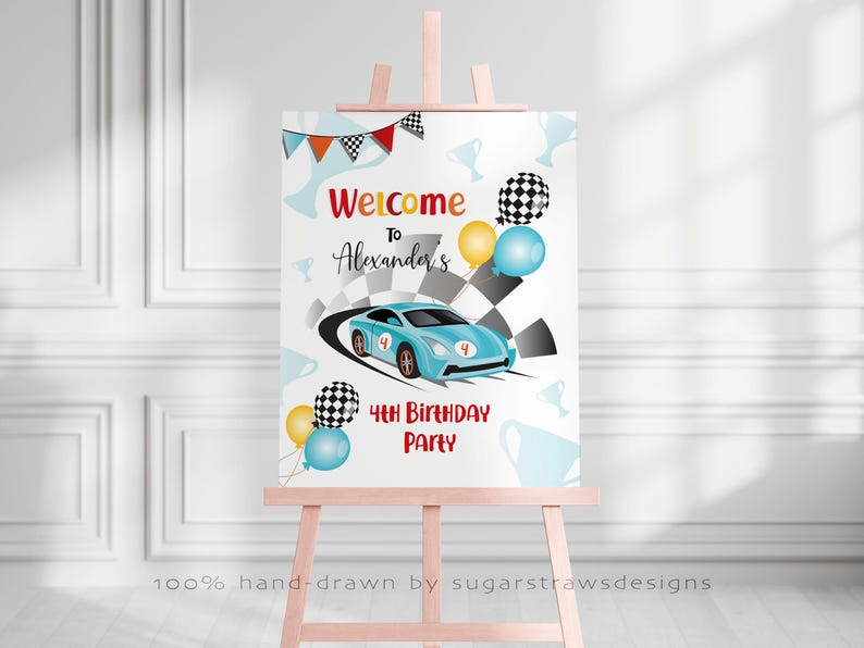 Editable Blue Racing Car Welcome Sign Boy Birthday Blue Sports Car ...