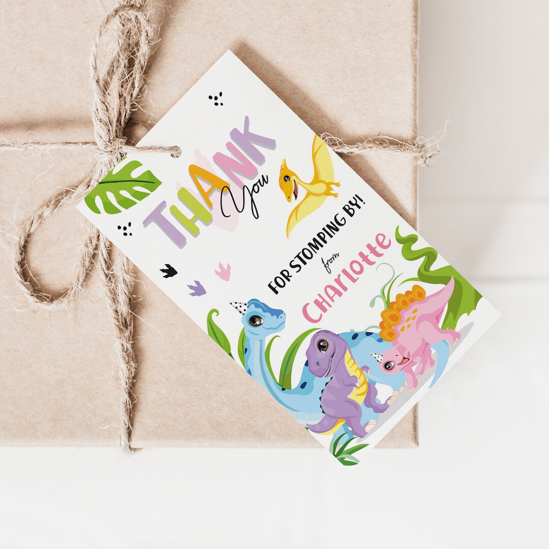 Editable Dino Party Favor Tag Girl Birthday Thank You Gift Tag Pink ...