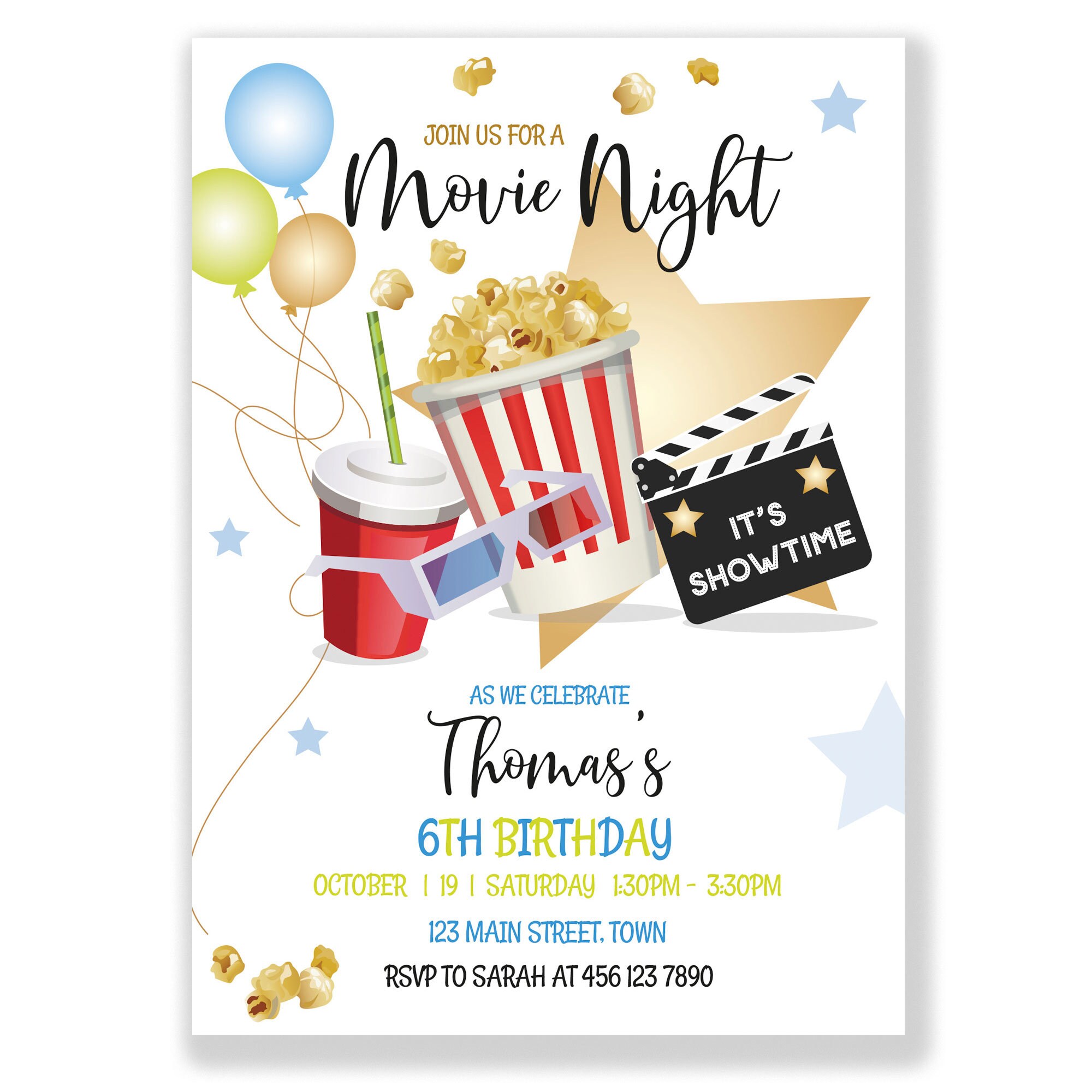 Editable Movie Night Birthday Invitation Boy Blue Cinema Invite Popcorn ...