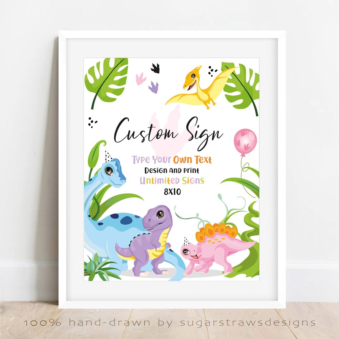 Editable Dinosaur Custom Sign Girl Birthday Decor Prehistoric Dino ...