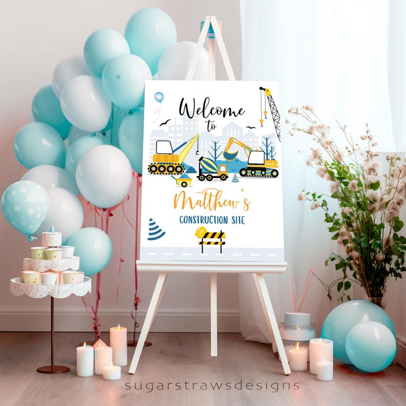 Editable Construction Party Welcome Sign Boy Construction Birthday ...