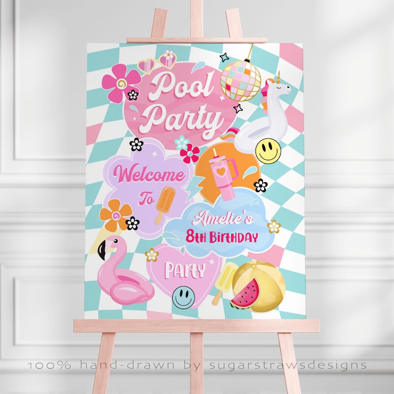 Editable Preppy Pool Party Welcome Sign Girl Preppy Birthday Notice ...