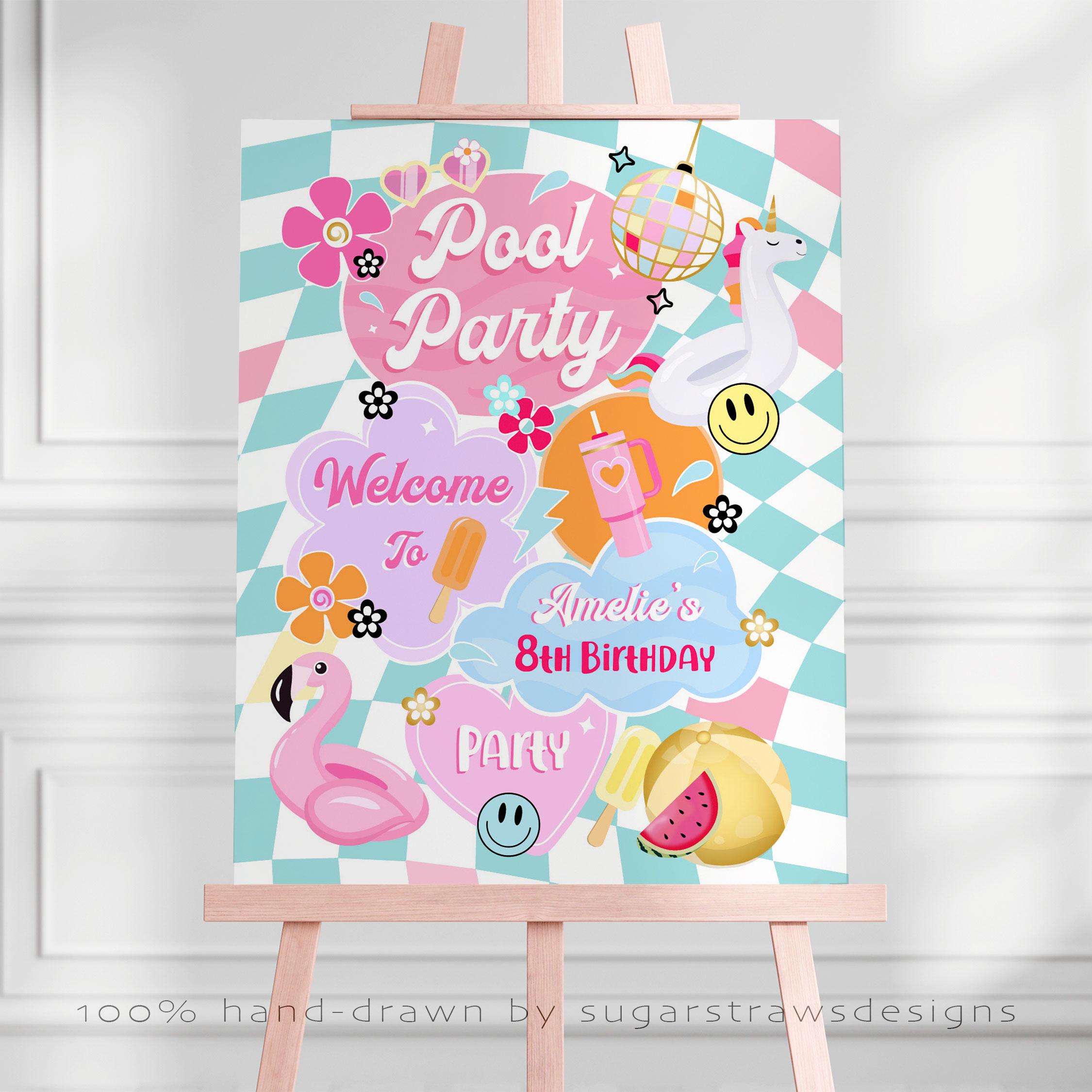 Editable Preppy Pool Party Welcome Sign Girl Preppy Birthday Notice ...
