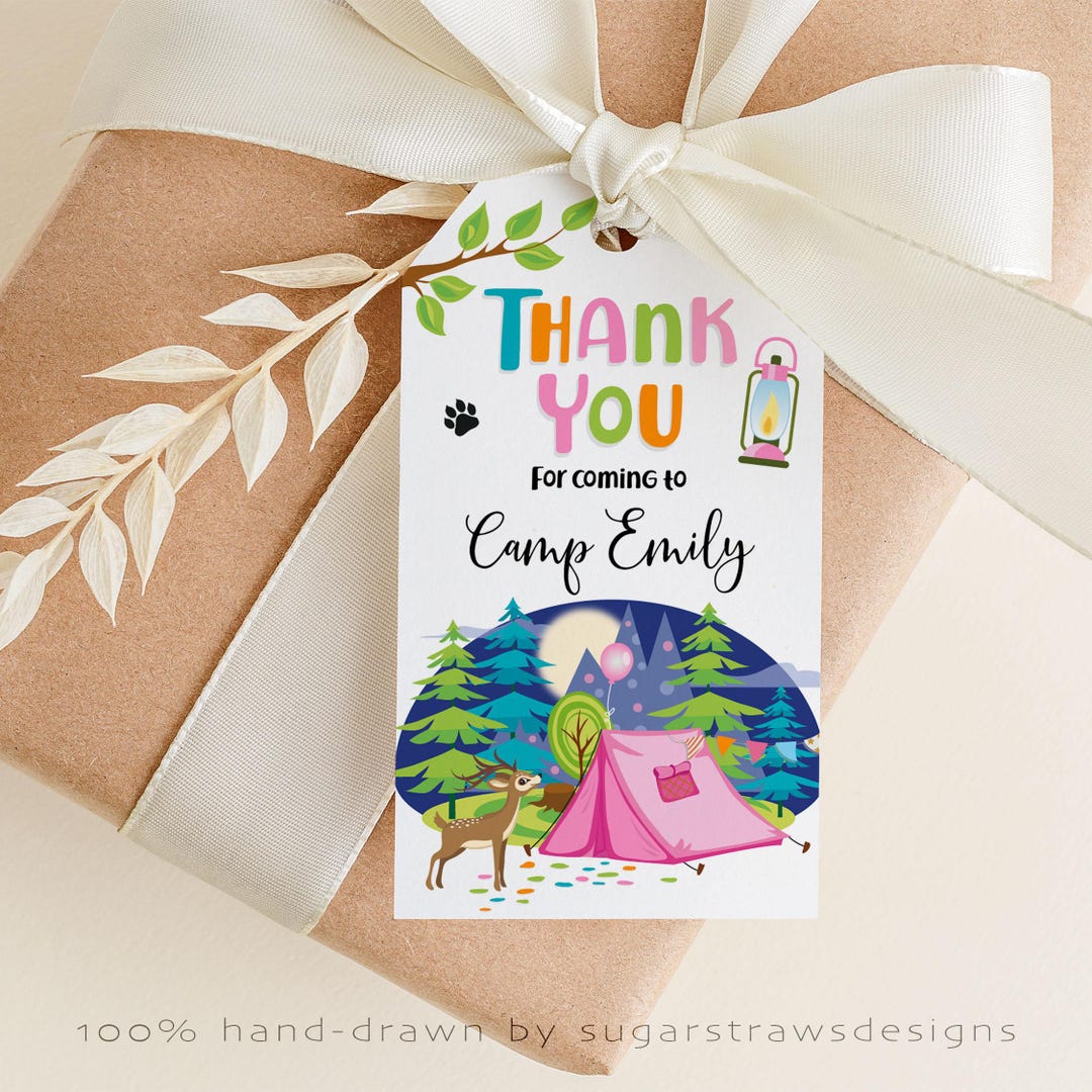 Editable Camping Party Favor Tag Girl Birthday Gift Tag Thank You Tag ...
