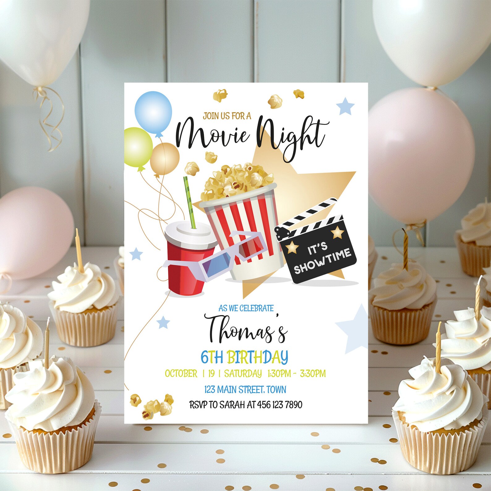 Editable Movie Night Birthday Invitation Boy Blue Cinema Invite Popcorn ...