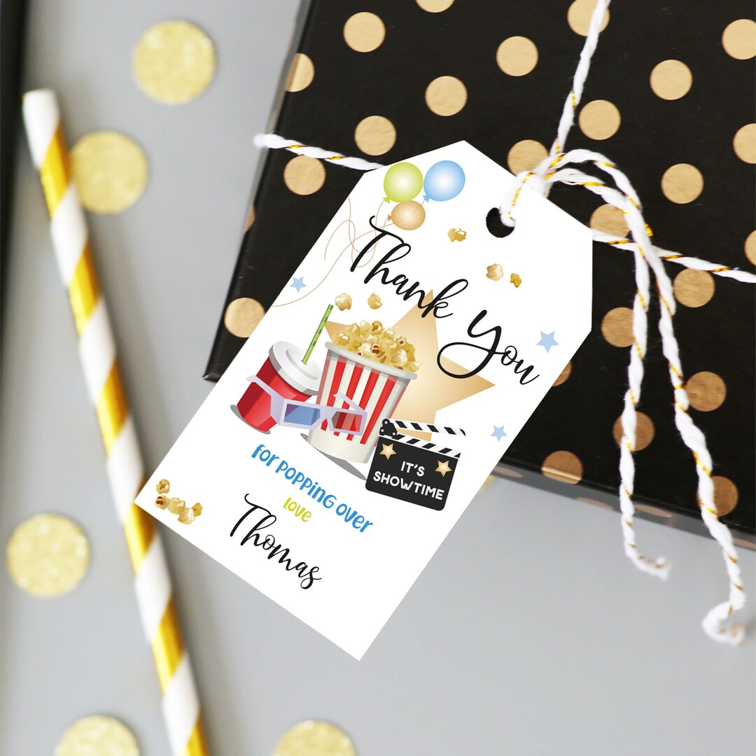 Editable Movie Night Party Thank You Tag Favor Tag Gift Tag Boy Blue ...