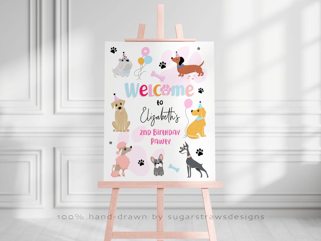 Editable Dog Welcome Sign Birthday Party Agenda Lets Pawty Sign Animal ...