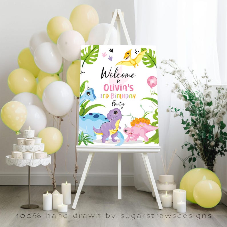 Editable Dinosaur Welcome Sign Girl Birthday Decor Prehistoric Dino ...
