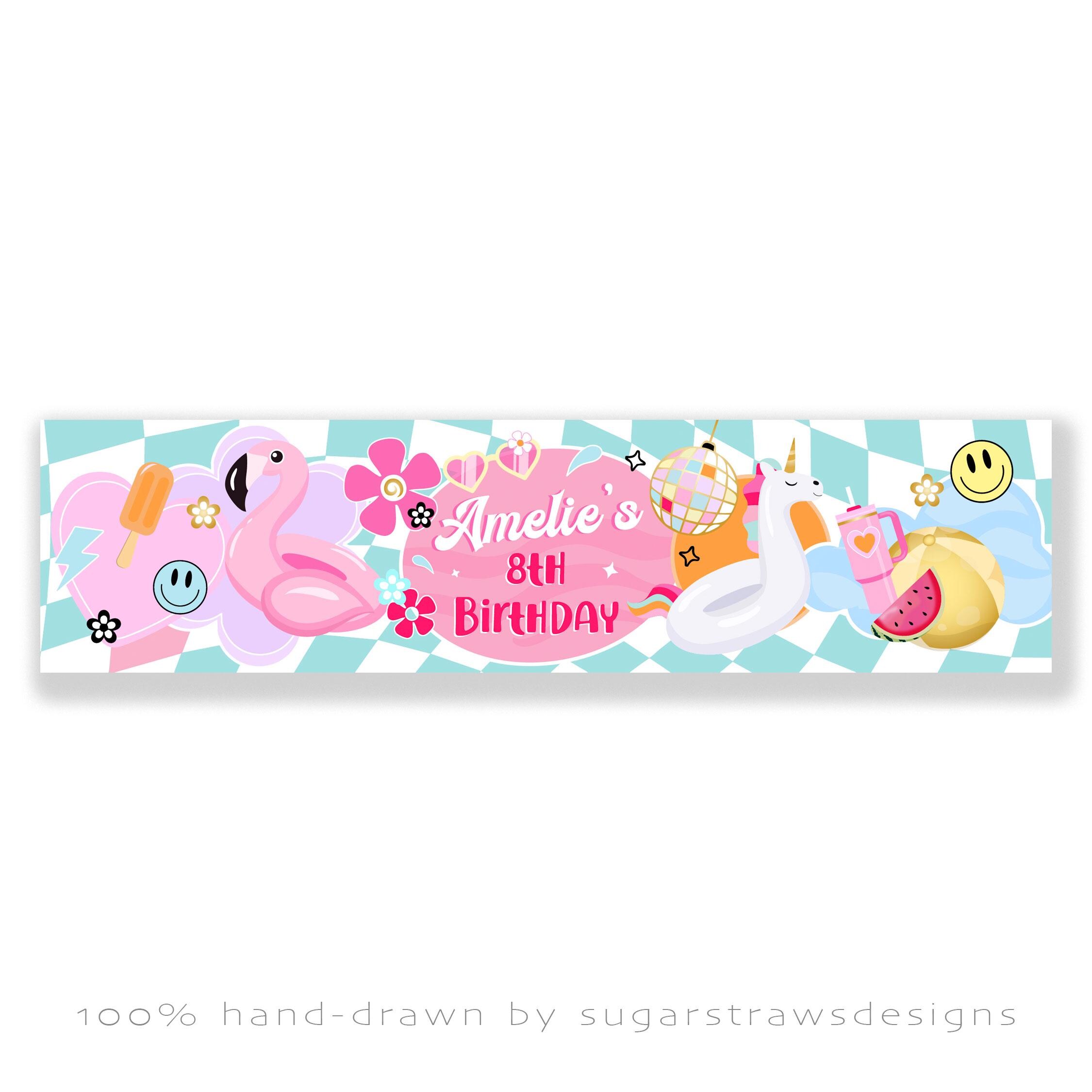 Editable Preppy Pool Party Water Bottle Label Girl Birthday Swimming ...