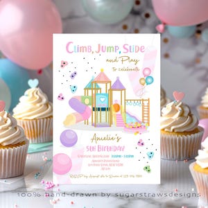 Editable Playground Invitation Girl Birthday Pastel Jungle Gym Party ...