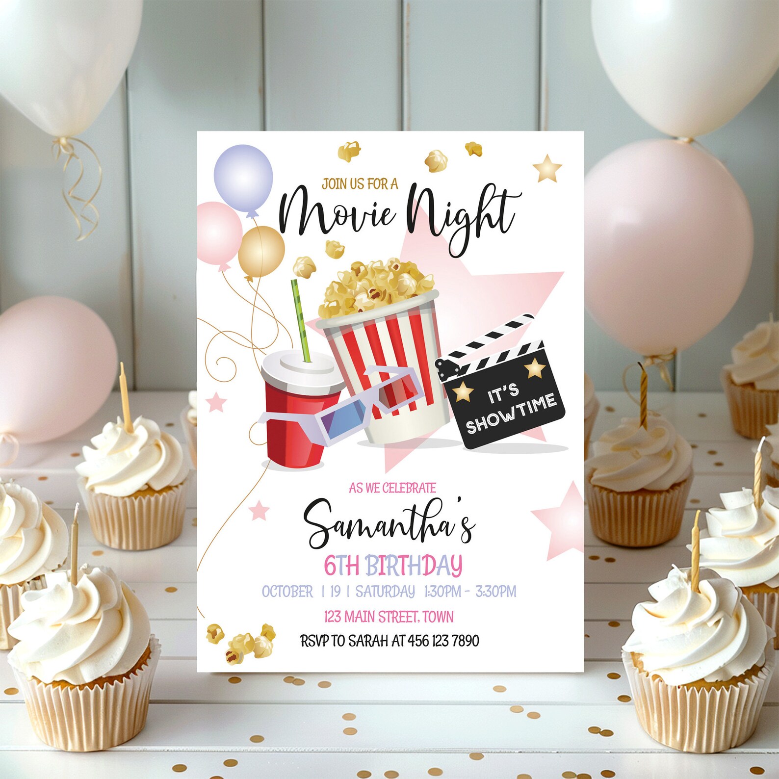 Editable Movie Night Birthday Invitation Girl Pink Cinema Invite ...