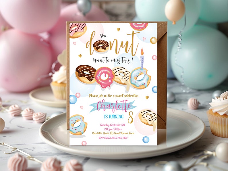 Editable Donut Birthday Invitation Birthday Party Invitation Girl Boy ...