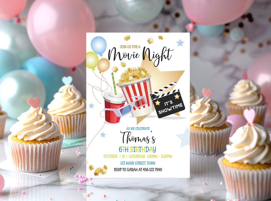 Editable Movie Night Birthday Invitation Boy Blue Cinema Invite Popcorn ...