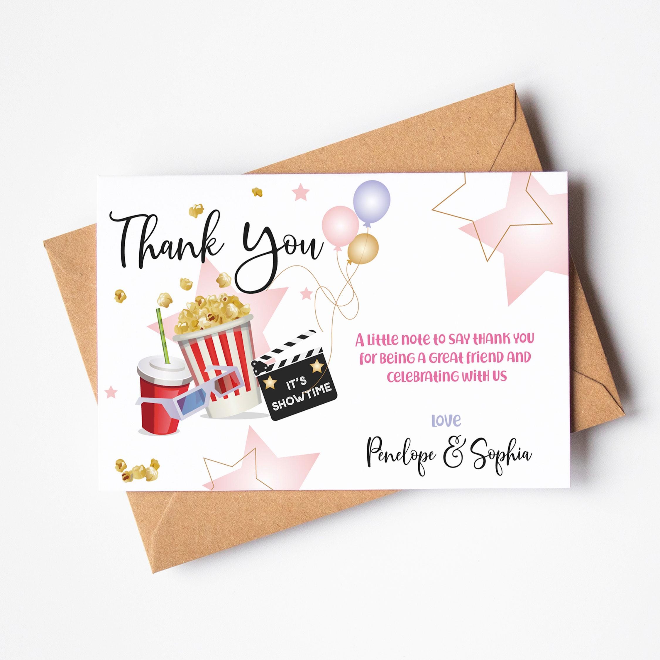 Editable Movie Night Birthday Party Thank You Card Girl Cinema Thank ...