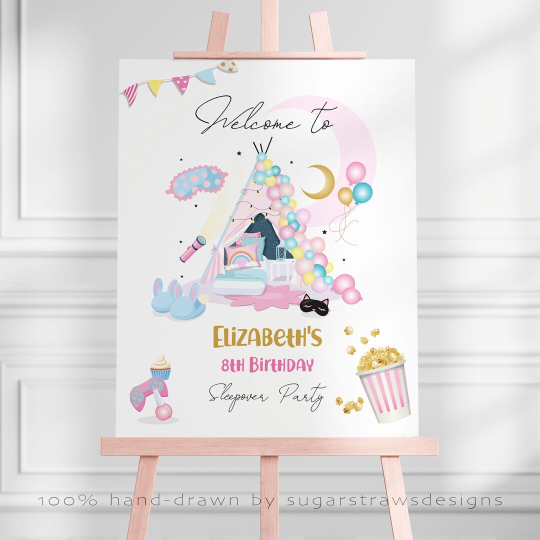 Editable Teepee Sleepover Welcome Sign Girl Birthday Pink Pamper Party ...