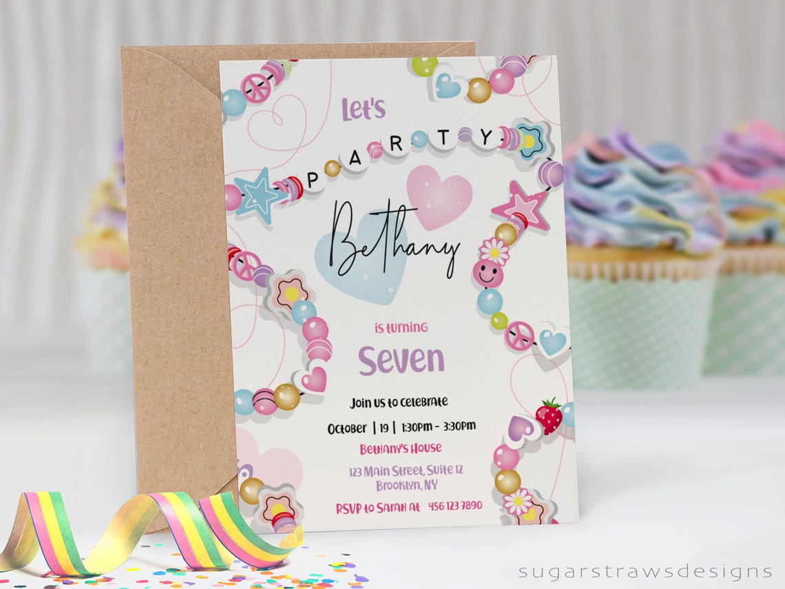 Editable Friendship Bracelet Invitation Girl Birthday Bead Bracelet ...