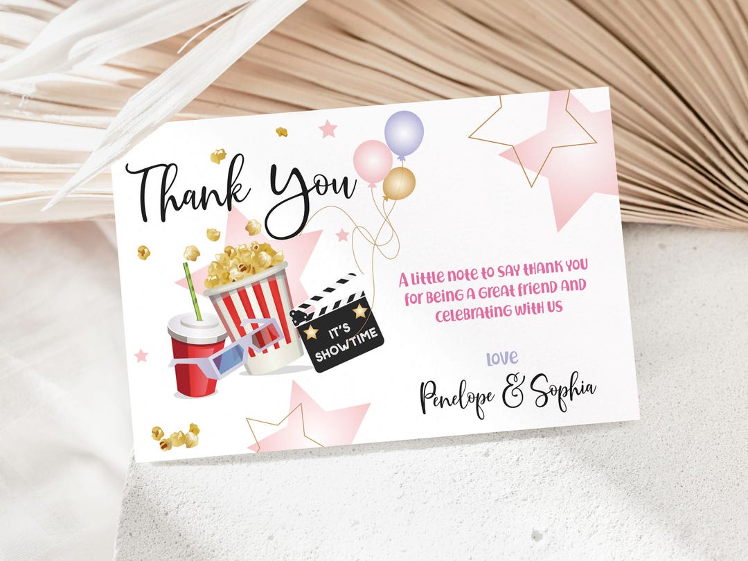 Editable Movie Night Birthday Party Thank You Card Girl Cinema Thank ...
