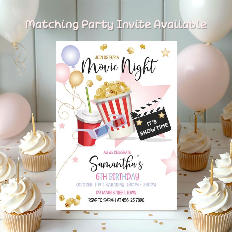 Editable Movie Night Birthday Party Thank You Card Girl Cinema Thank ...