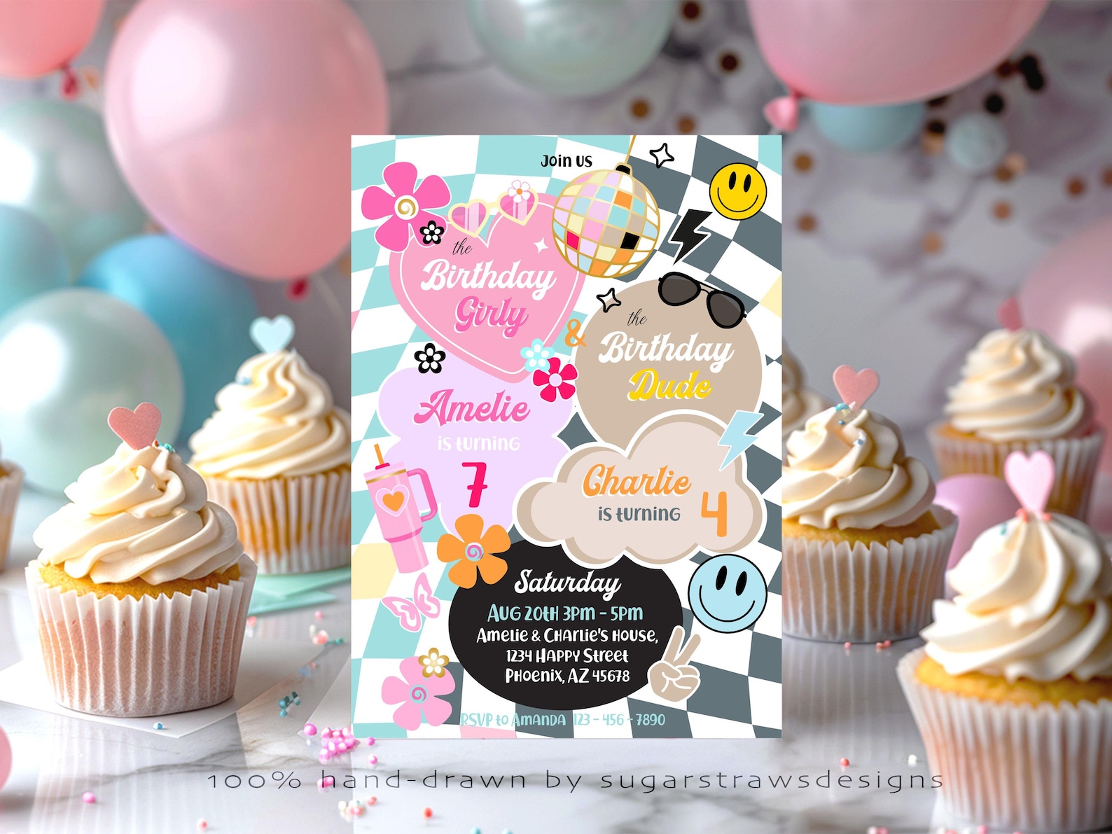 Editable Preppy Joint Birthday Invitation Boy Girl Sibling Double ...
