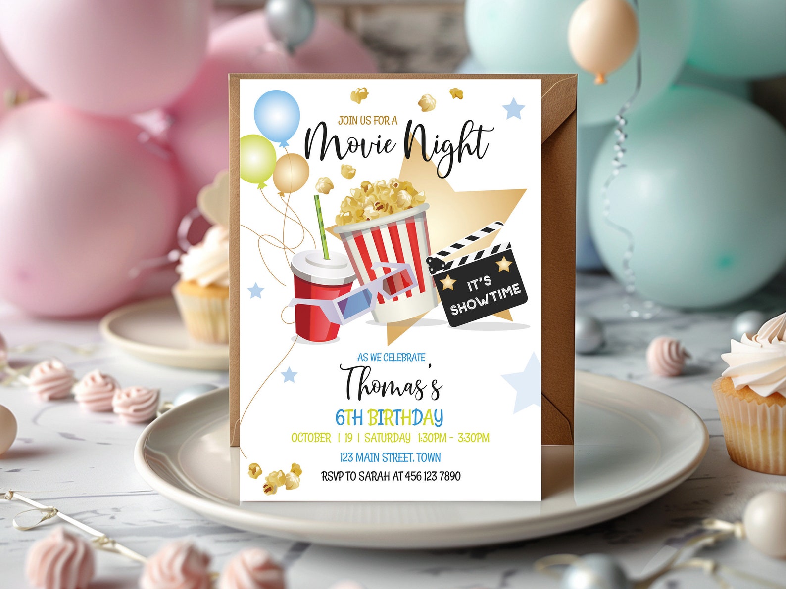 Editable Movie Night Birthday Invitation Boy Blue Cinema Invite Popcorn ...