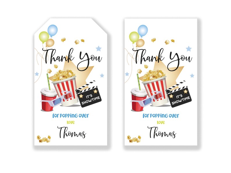 Editable Movie Night Party Thank You Tag Favor Tag Gift Tag Boy Blue ...