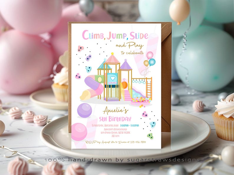 Editable Playground Invitation Girl Birthday Pastel Jungle Gym Party ...