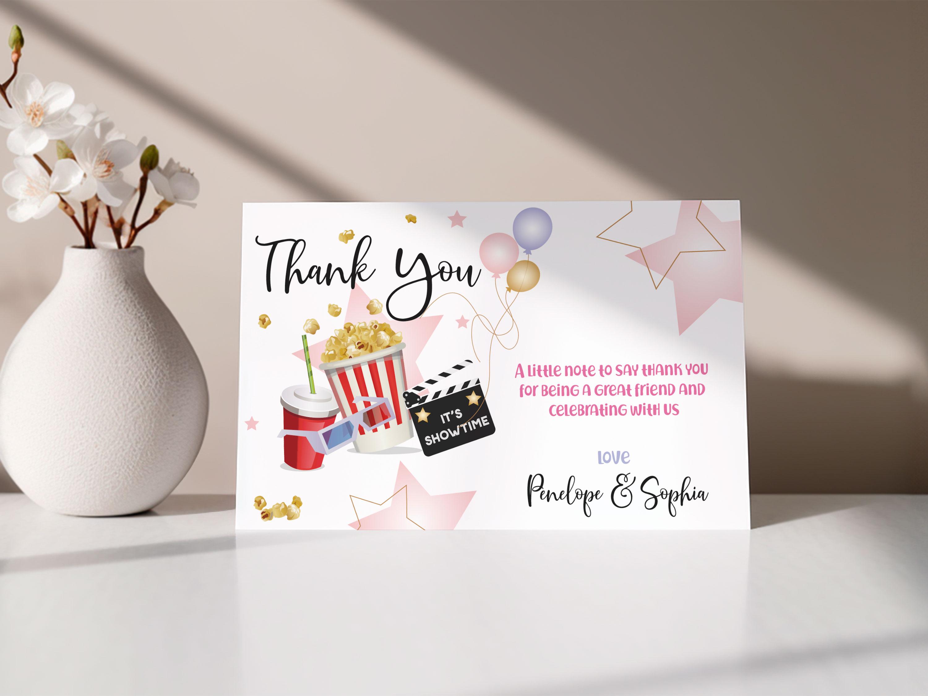 Editable Movie Night Birthday Party Thank You Card Girl Cinema Thank ...