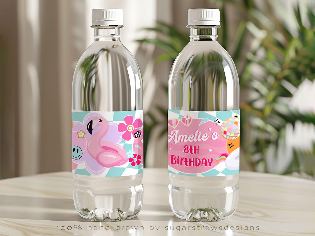 Editable Preppy Pool Party Water Bottle Label Girl Birthday Swimming ...