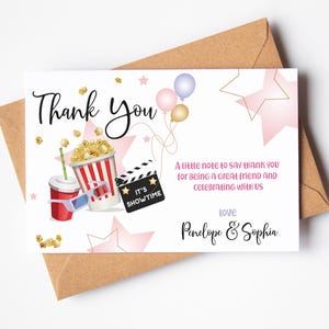 Editable Movie Night Birthday Party Thank You Card Girl Cinema Thank ...